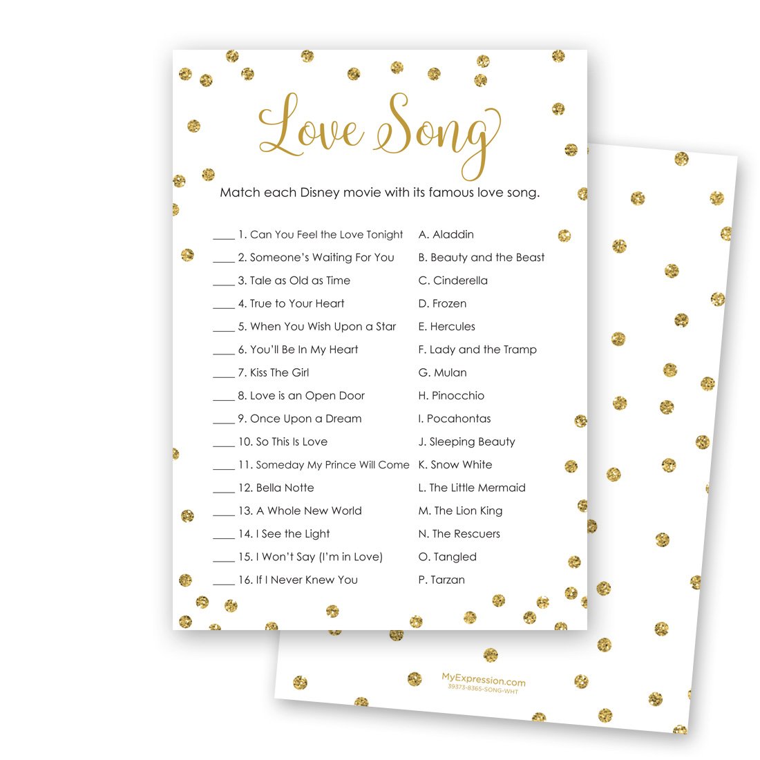 MyExpression.com 24 Cnt Love Song Match Bridal Game Cards (Faux Gold Glitter on White)
