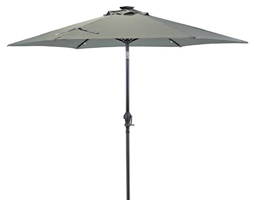 Sun-Ray 811035 9' Round 6-Rib Solar Lighted Patio Umbrella, 18 LED Lights, Crank and Tilt, Steel Frame, Grey