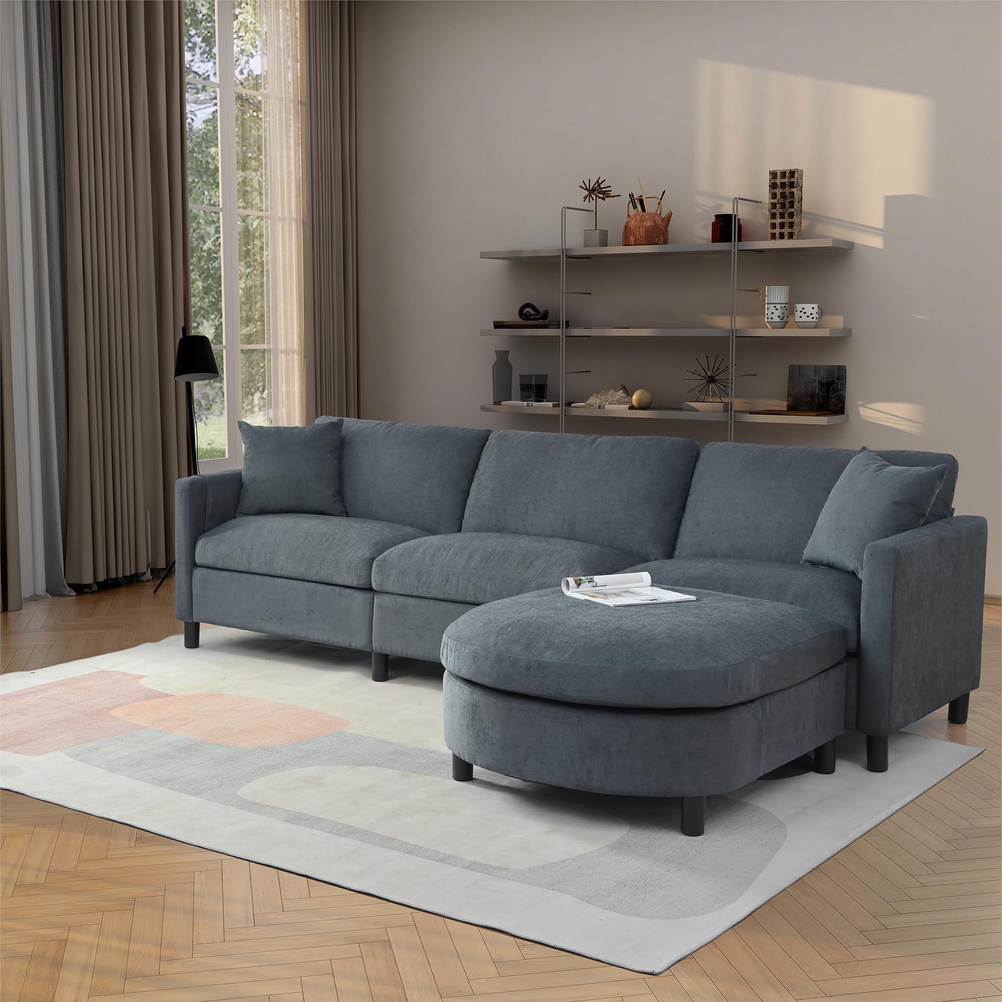 Wrofly L Shaped Modular Sectional Sofa Couch, Comfy Chenille 4 Seat Sofa Set with Convertible Ottoman and 2 Pillows, Modern Deep Seat Cloud Couch for Living Room Office Apartment, 107.9" W (Grey)