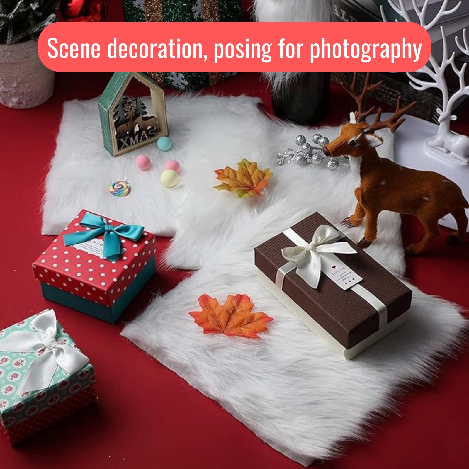 NINGDAN 14x10 inches 1pcs Rectangle Faux Fur Plush Cushion, Area Rugs Fluffy Carpet Mini Small Size Fit,for Tabletop Photography,Home Decor,Product Display,Locker Accessories for Girls (White)