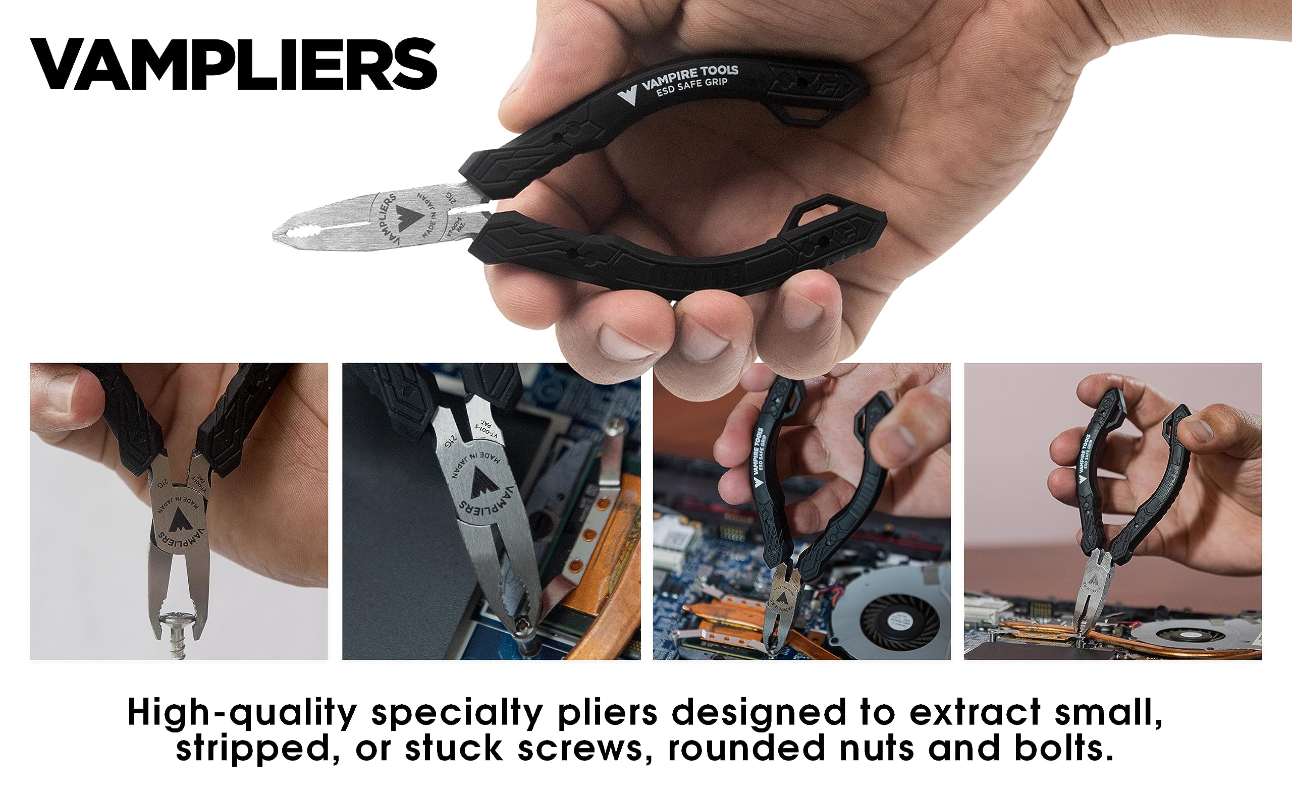 VAMPLIERS 4-Piece Stripped Screw Extractor Pliers Set. Made in Japan: 8" Linesman, 7.5" Long Nose, 6.25" Multipurpose & 5" ESD Safe Pliers. Remove any Stripped/Damaged/Rusted Screws.