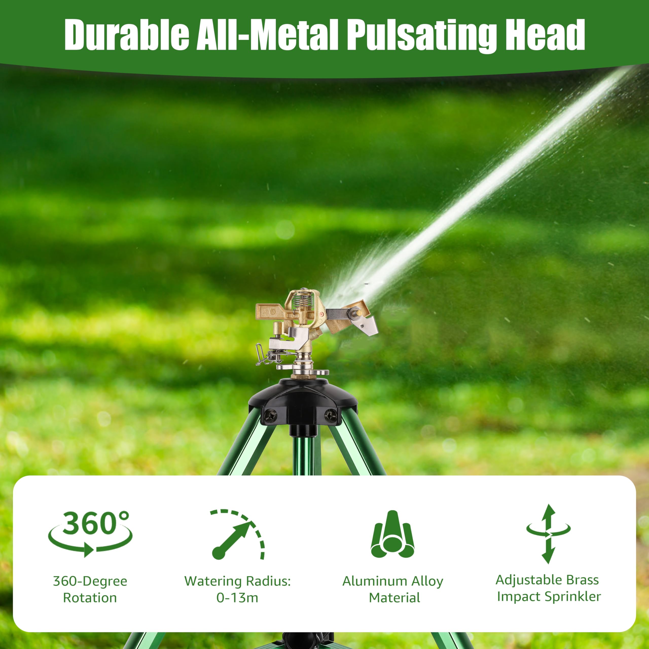 Heavy-Duty Brass Impact Sprinkler on Ground PlugTripod Base, 360 Degree, 0-43 Feet Large Area Coverage Yard Sprinkler, Adjustable Height 16-37โ Water Sprinkler for Lawn for Lawn/Yard/Garden