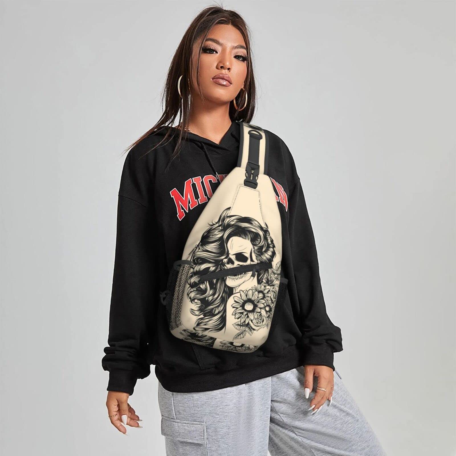 FeHuew Women Girl Skeleton Makeup Rose Skull Crossbody Sling Backpack for Men Chest Bag Shoulder Bag Lightweight One Strap Backpack Travel Outdoor Daypack