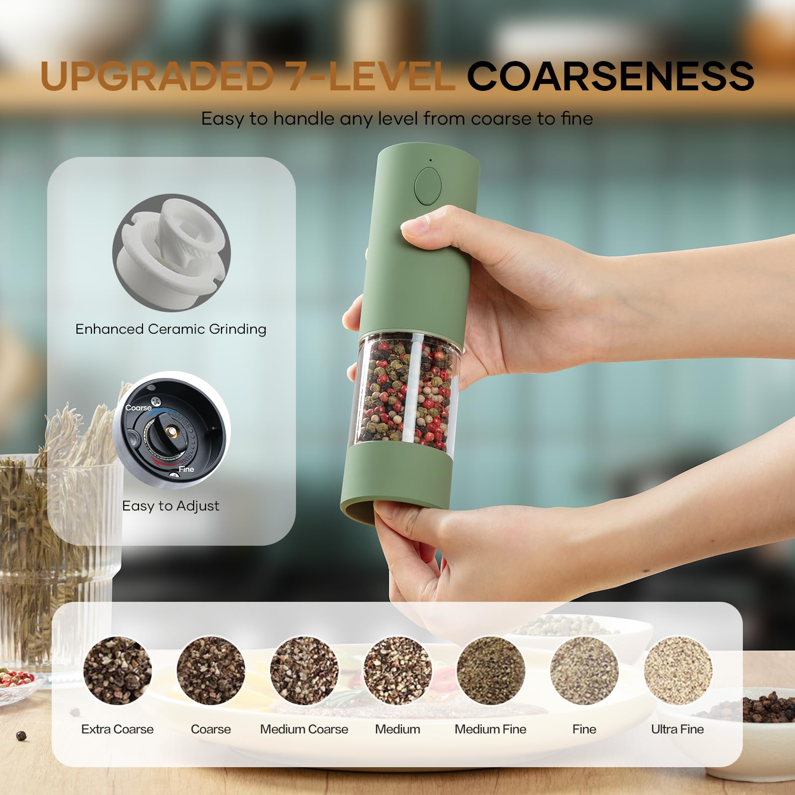 OPIIV 2 Pack Electric Salt and Pepper Grinder Set - USB Rechargeable Automatic Salt Pepper Mill Shaker with LED Light, Adjustable Coarseness, One Hand Operation (Sage/Buttercream)