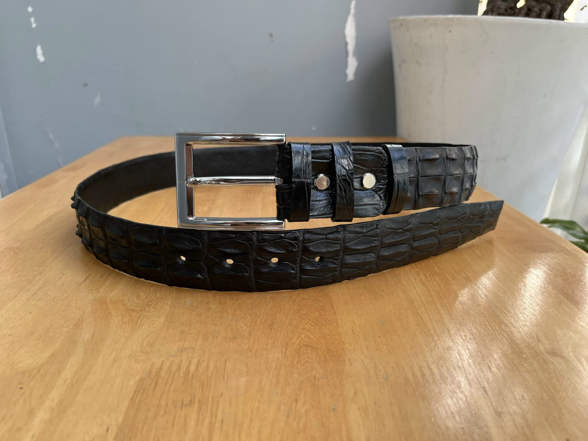 Genuine crocodile hornback back bone leather skin Belts buckle for men, real Alligator Men's belt, strap width 1.57" (Black, Waist size 38)