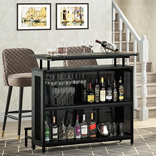 Tribesigns Home Bar Unit, 3 Tier Liquor Bar Table with Stemware Racks and Wine Storage Shelves, Wine Bar Cabinet Mini Bar for Home Kitchen Pub (Black)