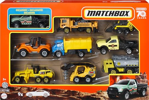 Matchbox Cars 9-Pack of 1:64 Scale Toy Construction Vehicles, Multipack of Realistic Trucks, Collectible Set