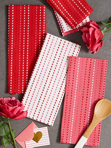 DII Valentine's Day Collection Kitchen, Dishtowel/Dishcloth Set, Hearts Dobby Stripe, 6 Piece