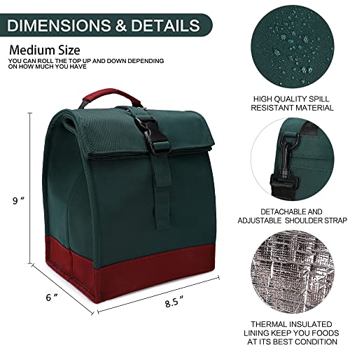 SUNNY BIRD Insulated Lunch Bag Rolltop Lunch Box Tote Lunchbox Bag for Women, Men, Adults and Teens (Green)