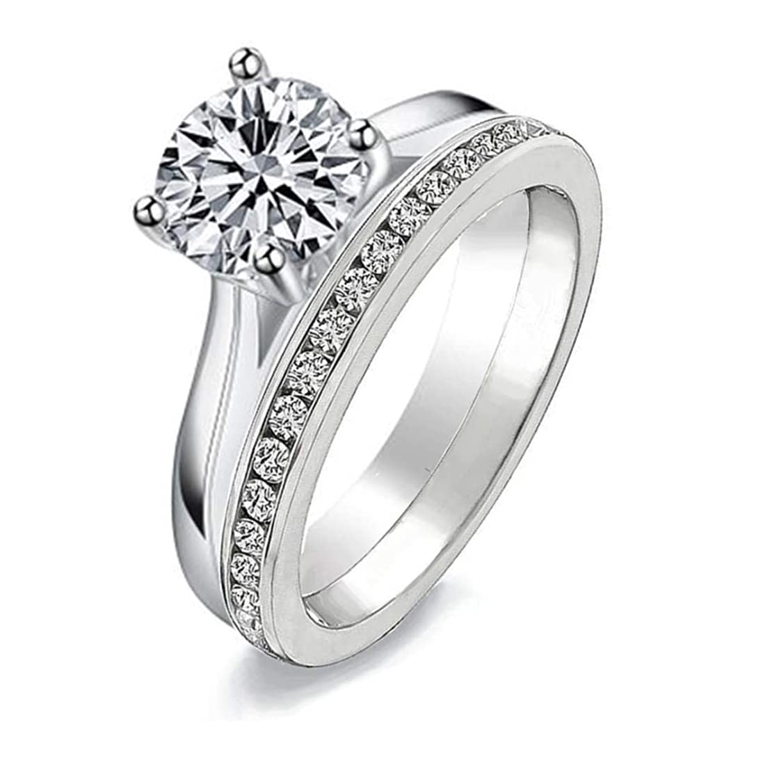 Diamonbella 10 Hearts & 10 Arrows 2 Carats Simulated Diamond Solitaire Classic Ring Band Set 925 Silver soliset45 (5)