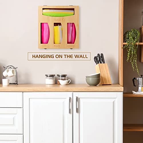 Ziplock Bag Storage Organizer, Bamboo Baggie Organizer for Drawer, Kitchen Food Storage Bag Holder Dispenser, Plastic Sandwich Bag Container Wall Mount Wrap Dispenser for Gallon, Quart, Snack, Candy