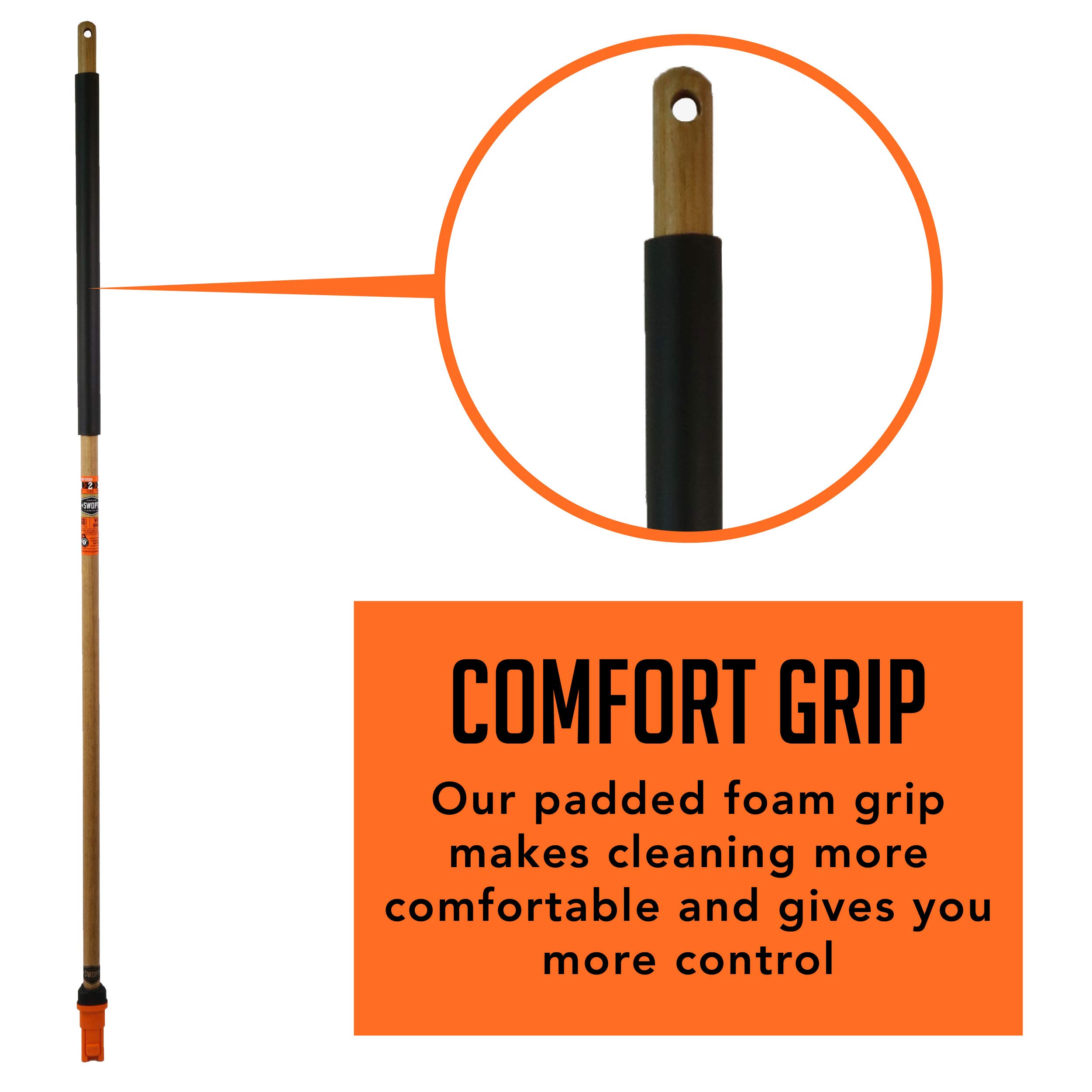 SWOPT Premium Cotton Mop + 60" EVA Foam Comfort Grip Wooden Handle, Combo — Mop Head with Long Handle Interchangeable with All SWOPT Cleaning Products — Mop Safe for Wood, Laminate or Tile