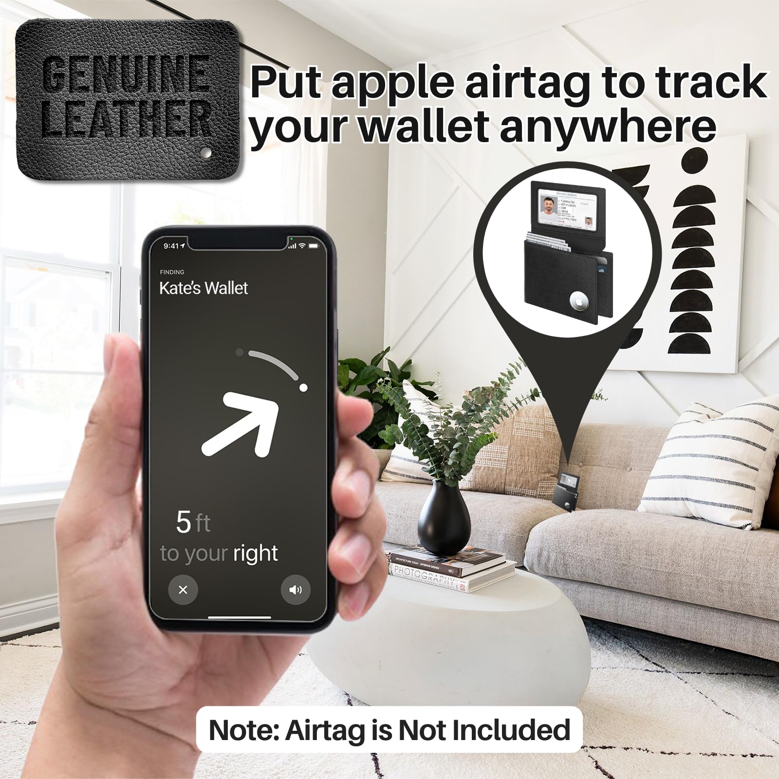 elzama Airtag Leather Wallet & Keychain with RFID (Apple Air Tag Not Included)