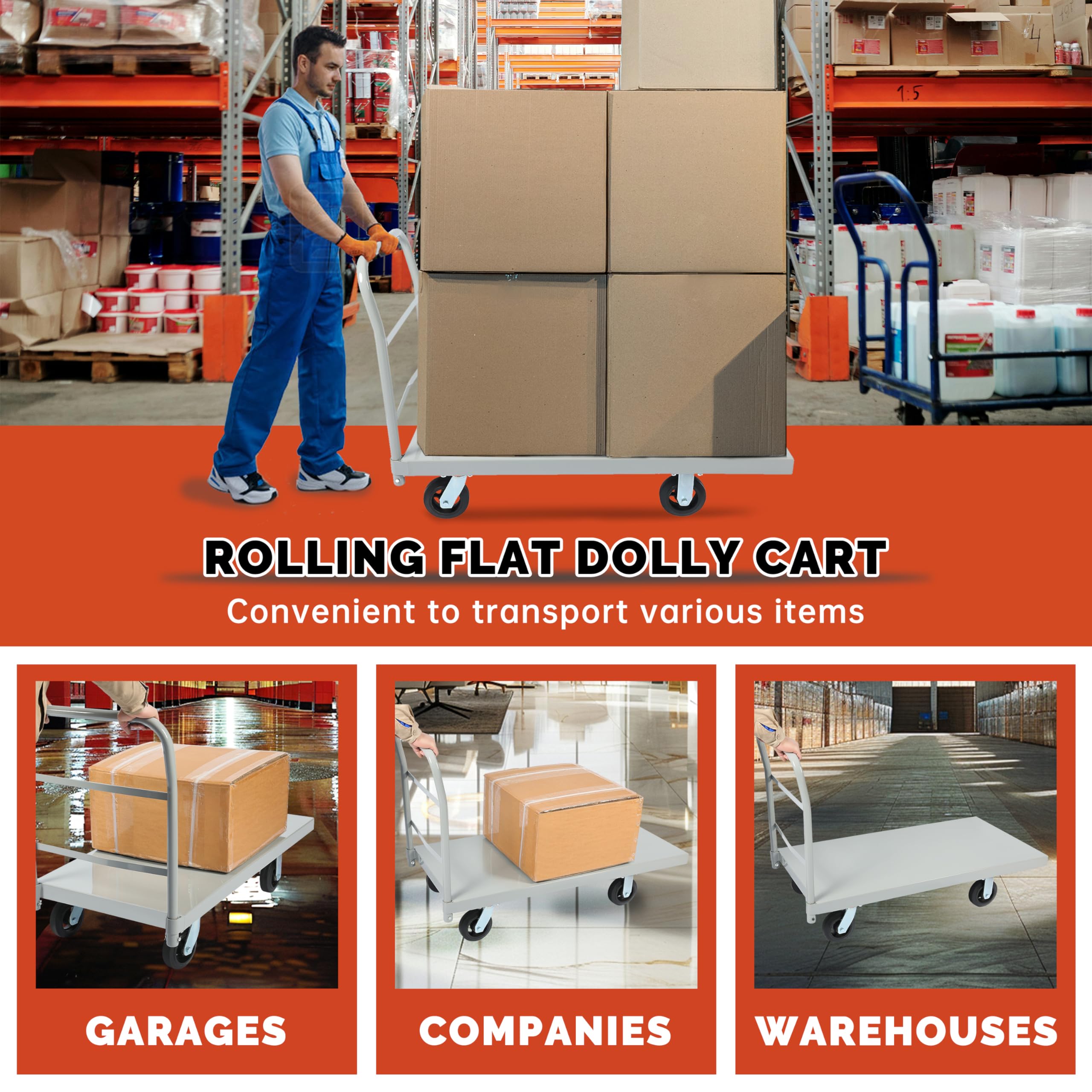 HECASA Flat Dolly Cart with Wheels Heavy Duty Platform Truck Push Dolly for Luggage Moving - 2000lbs Capacity