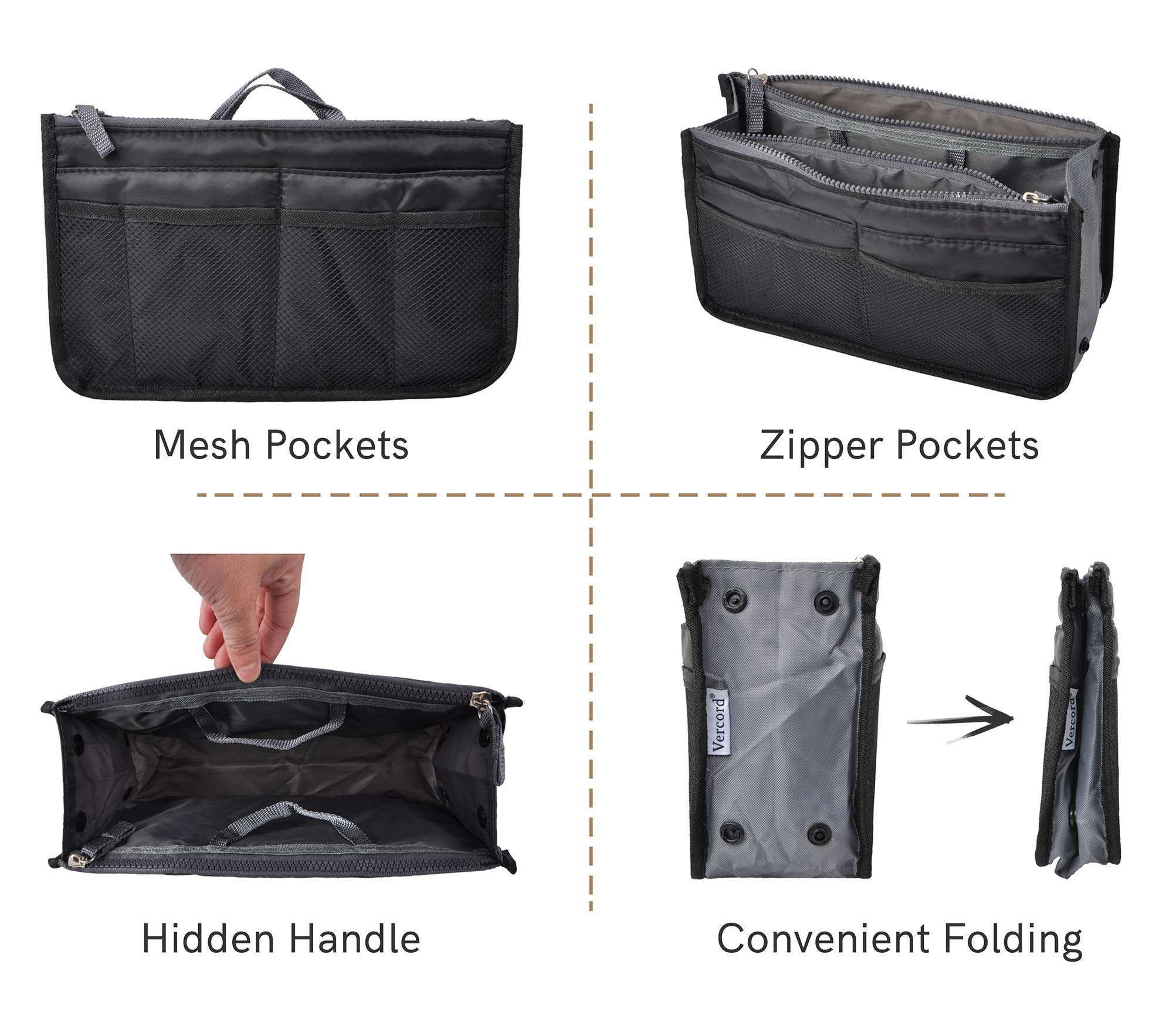 Vercord Purse Organizer Insert for Handbags Bag Organizers Inside Tote Pocketbook Women Nurse Nylon 13 Pockets Black Medium