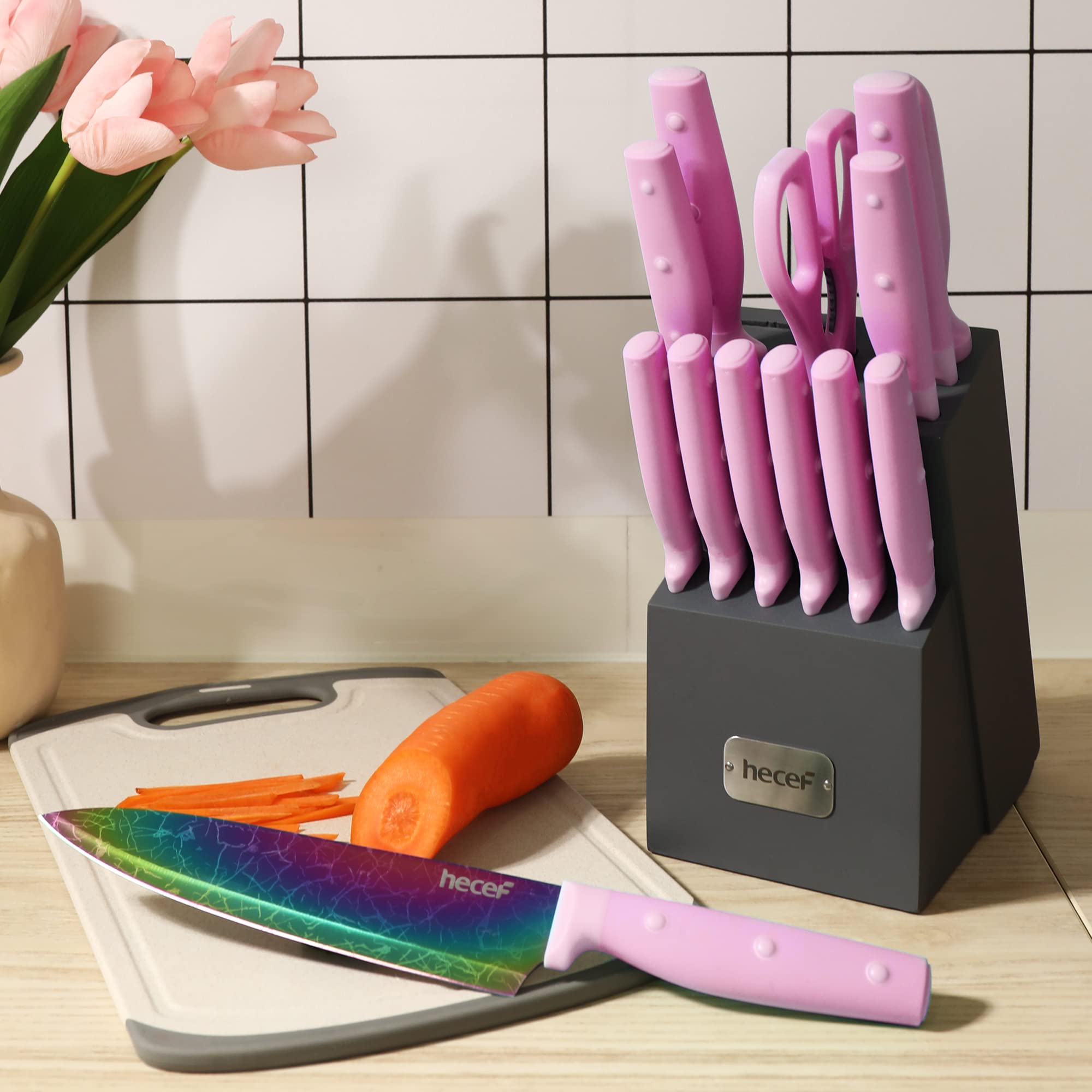 hecef 14 Pieces Knife Set with Block, Rainbow Titanium Knives Set with Laser Pattern, Martensitic Stainless Steel Chef Knife Set with Sharpener, Steak Knife, Scissors, Mothers Day Gift