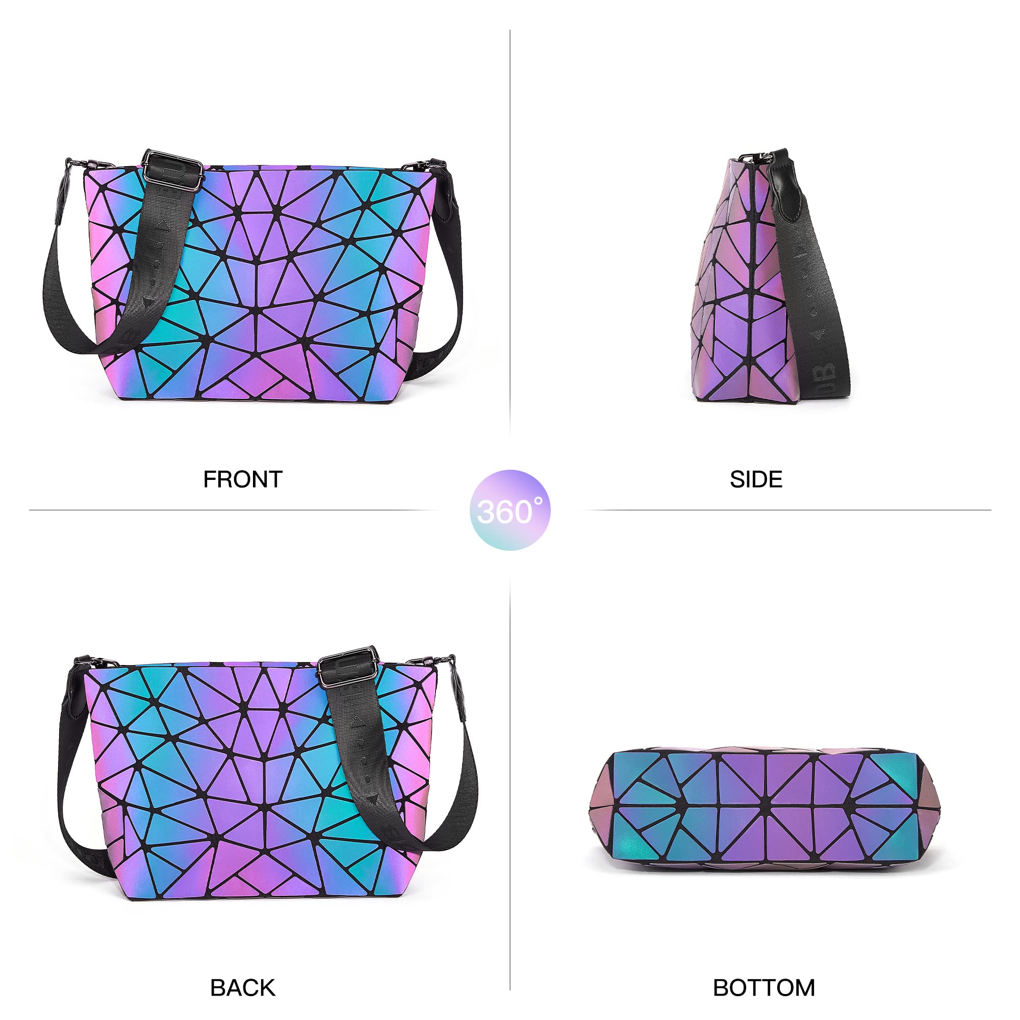 Geometric luminous crossbody bag glow-in-the-dark handbag Holographic reflective backpack purse clutch bag (Wallet + Crossbody Bag + Backpack)