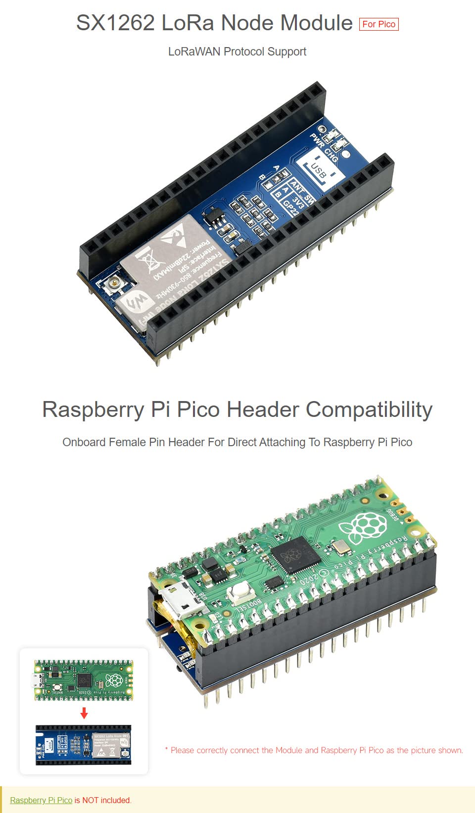 waveshare SX1262 LoRa Node Module for Raspberry Pi Pico LoRaWAN Protocol Support Choice of Frequency Band-915M