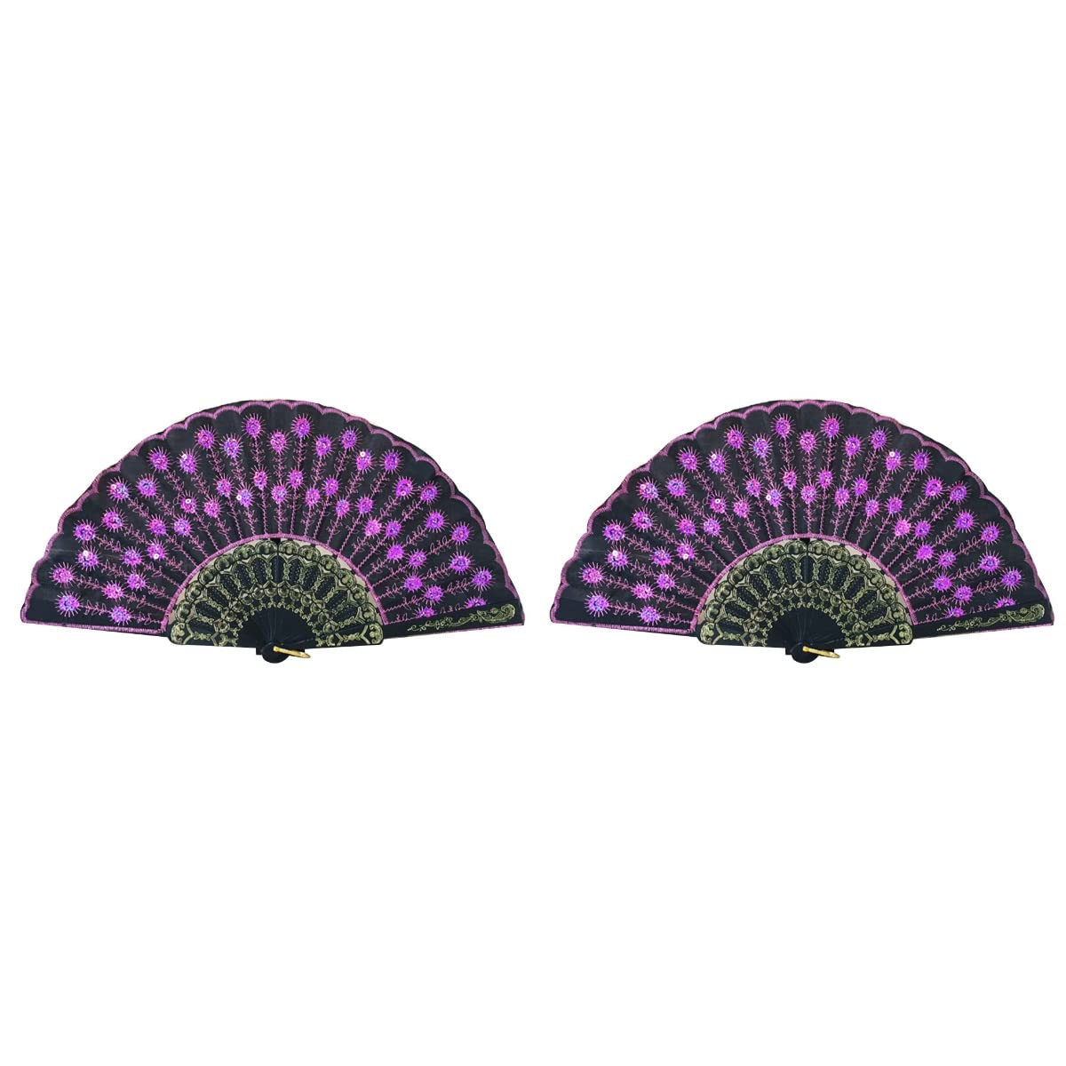 DECHOUS 2pcs Embroidered Sequin Fan Dancing Fans Hand Fans for Women Foldable Fan Sequin Fabric Hand Fan Embroidered Sequin Handheld Fan Folding Fan Vintage Miss The Fabric Purple