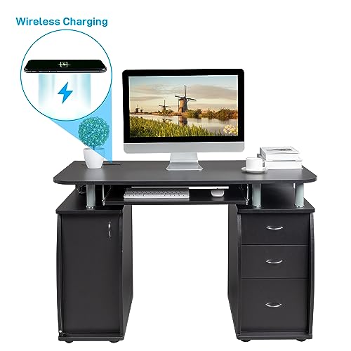DESIGNSCAPE3D Modern Black Computer Desk with Keyboard Tray, 3 Drawers, and Charging Station - Home Office Desk for Efficiency and Style