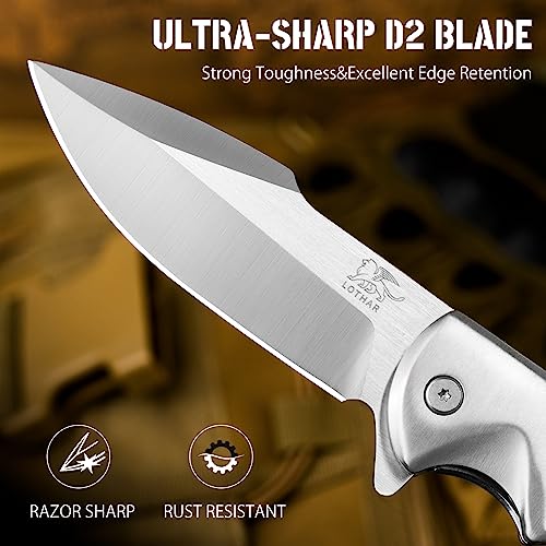 LOTHAR SMAUG Pocket Knife, 3.7 inch D2 Steel Folding Knife with Clip, Sharp Tactical Knife with G10 Handle, Glass Breaker, Pocket Knives for Men, Survival Knife Gift Ideas for Men Women