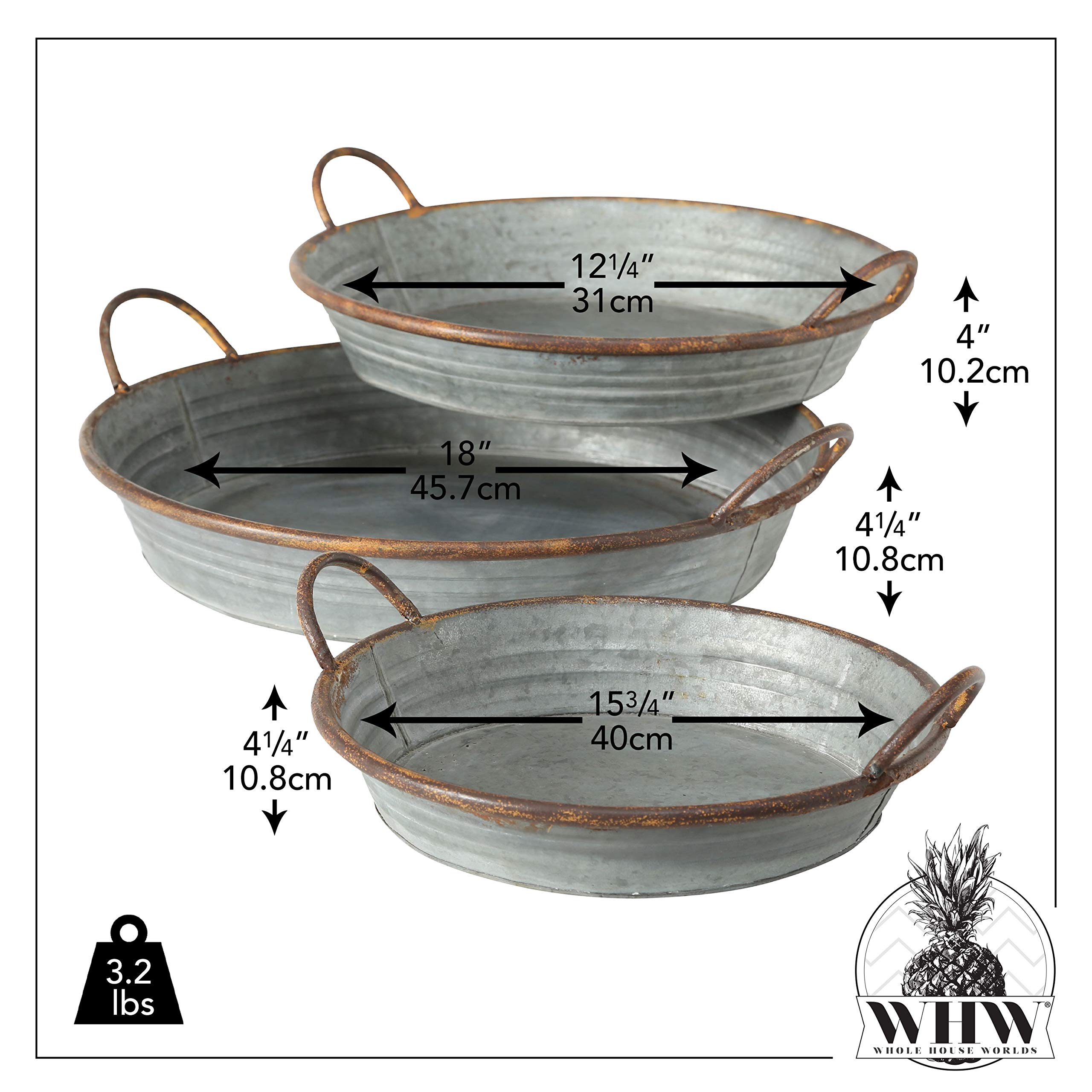Farmers Deep-Dish Round Trays, Set of 3, Rustic Vintage Style, Galvanized Zinc Metal, 18, 15.75, and 12.25 Inches Diameter