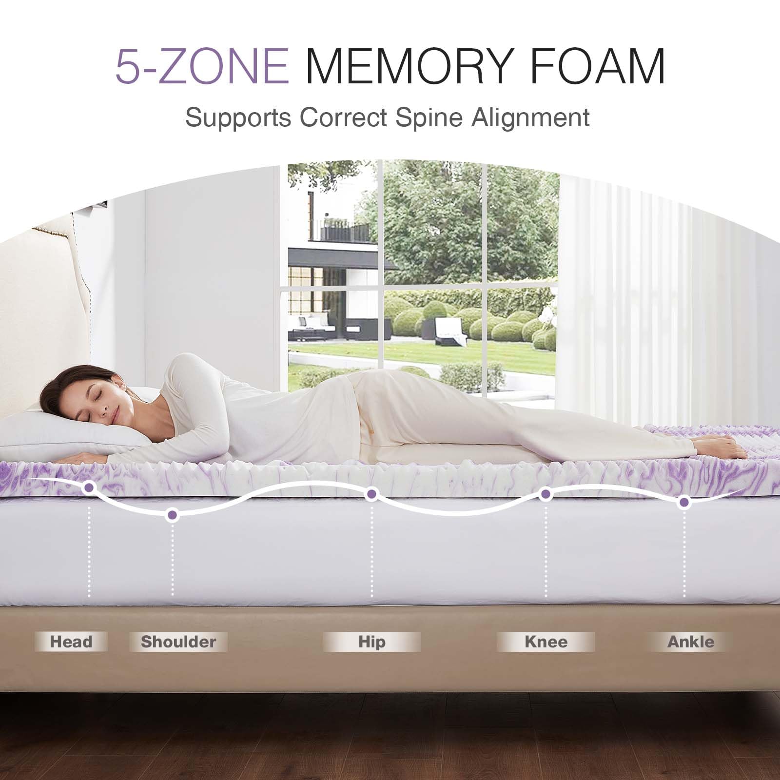 Orcalic 3 Inch Memory Foam Mattress Topper 5-Zone Soft Mattress Pad Pressure Relieve Bed Topper, CertiPUR Certified, Queen Size, Purple