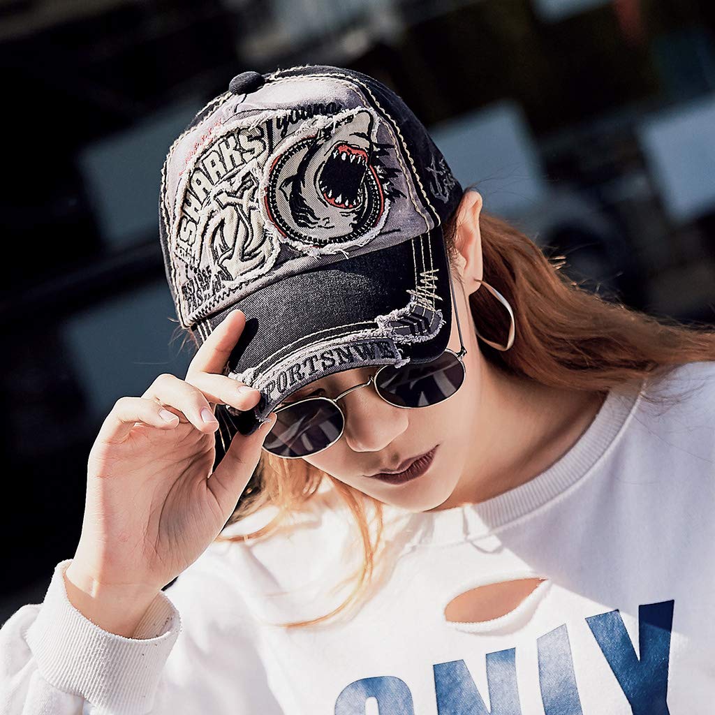 Elwow Men's Oilcloth Front Decor Washed Distressed Embroidery Baseball Cap Driver Trucker Hat with Eagle & Shark Patch (Shark Black)