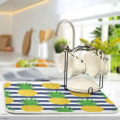 Striped Pineapple Pattern Dish Drying Mat 24"x18" Absorbent Machine Washable Hanging Fast Dry Pad Dish Protective Mat for Kitchen Countertop Heat Resistant Dinner Table Mat