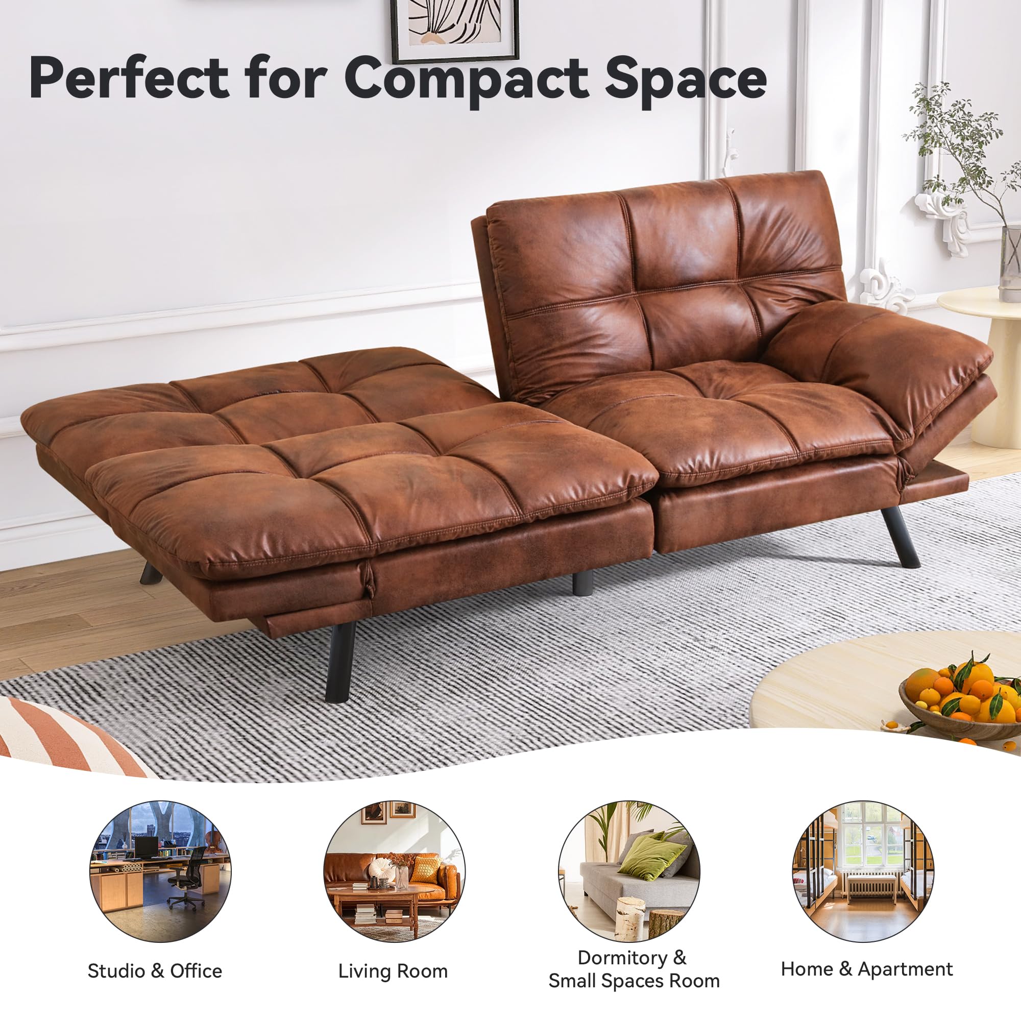 Hcore Futon Sofa Bed, Convertible Futon Couch with Memory Foam, Fuax Leather Sleeper Sofa Couches for Living Room, Apartment,Bedroom, Brown