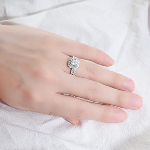 DovEggs Solid 14K White Gold Center 2ct 7.5mm G-H-I Color Cushion Cut Created Moissanite Halo Engagement Ring with Accents (6.5)