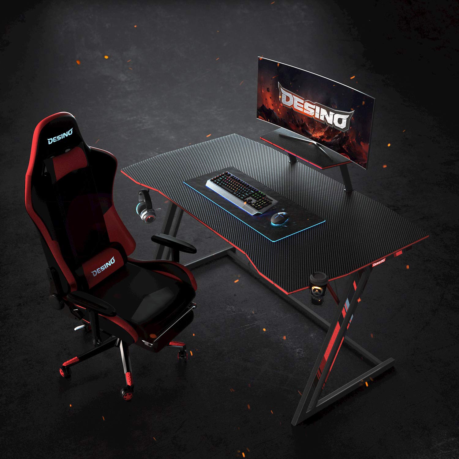 DESINO Gaming Desk 47 inch PC Computer Desk, Home Office Desk Gaming Table Z Shaped Gamer Workstation with Cup Holder and Headphone Hook, Black
