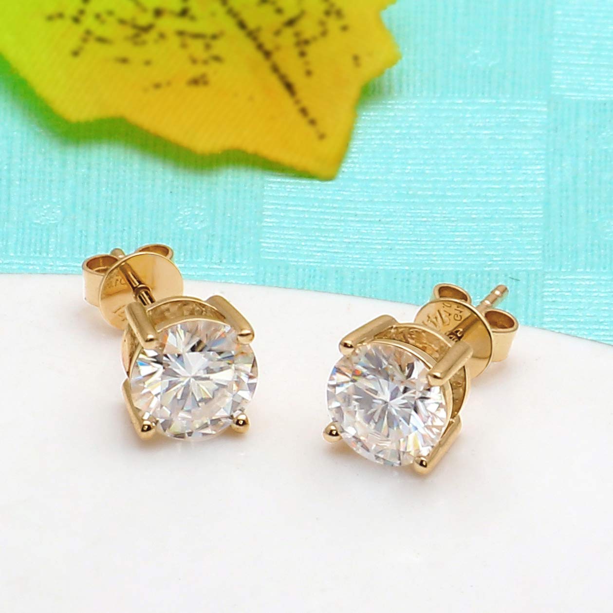 DovEggs Solid 14K Yellow Gold 2ct 6.5mm G-H Color Heart Arrows Cut Moissanite Basket Stud Earrings Push Back for Women