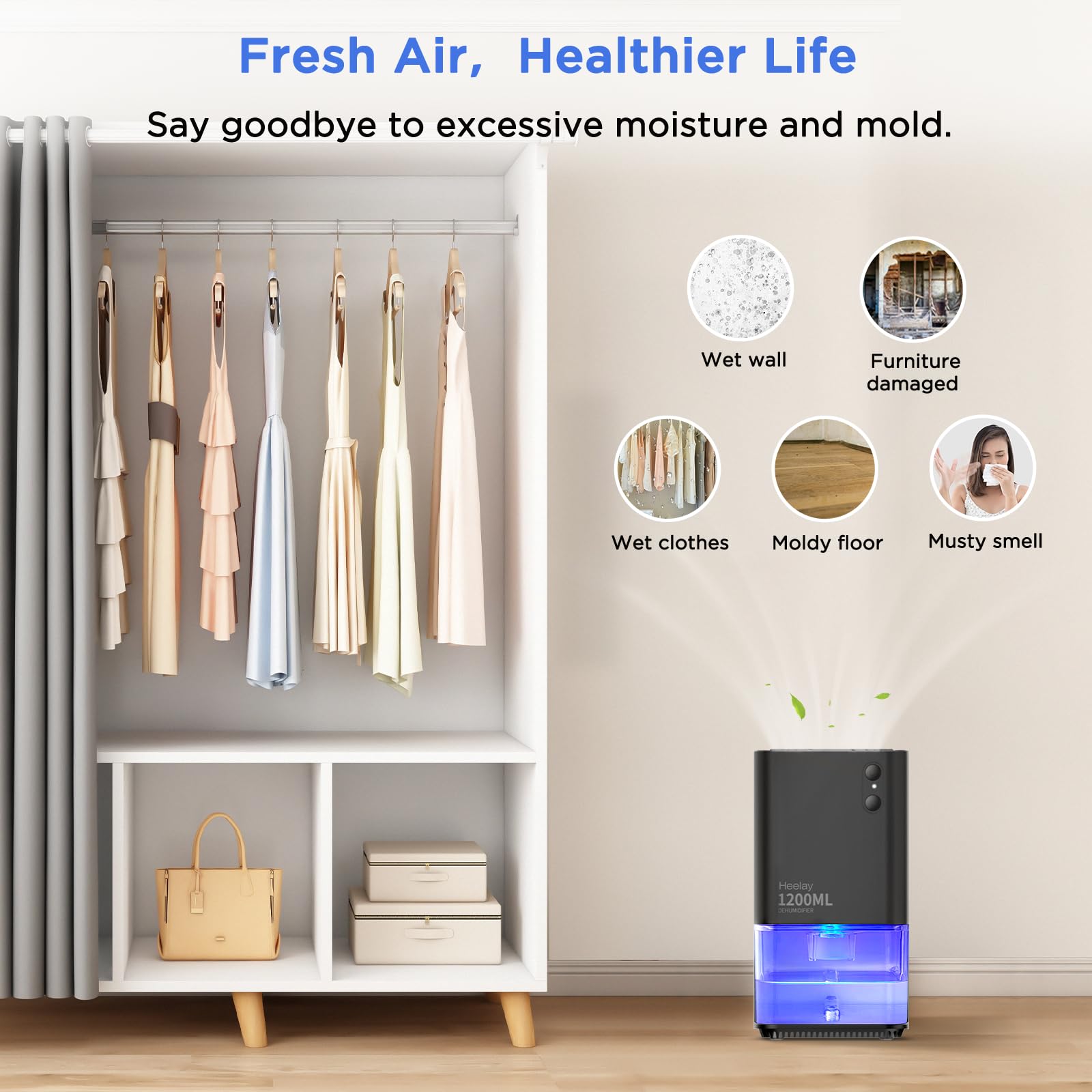 Dehumidifier for Bedroom, Heelay 40 OZ Water Tank with Handle/Auto Shut Off/7 Colors LED 2024 Newly Portable Small Dehumidifiers for Bathroom Room Quiet Closets RV (320 sq. ft) Camper Black
