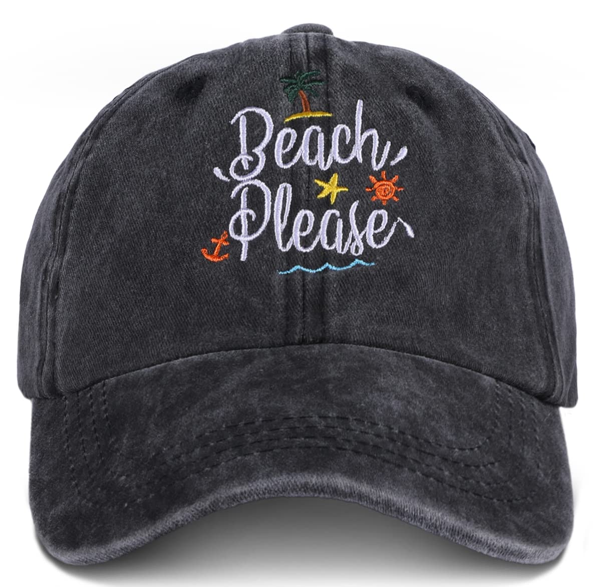 Embroidered Beach Please Baseball Cap Palm Tree Starfish Low Profile Vintage Distressed Washed Denim Dad Hat Adjustable