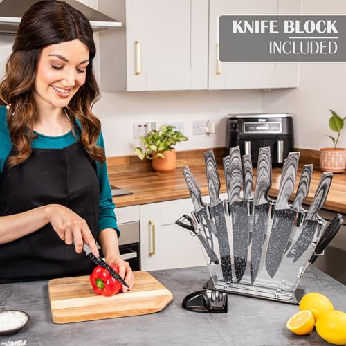 nuovva Professional Kitchen Knife Set with Block - Granite 18 Pcs with Knives Sharpener Peeler and Scissors - Clear Acrylic Block High Carbon Stainless Steel Blades Wood Affect Handle
