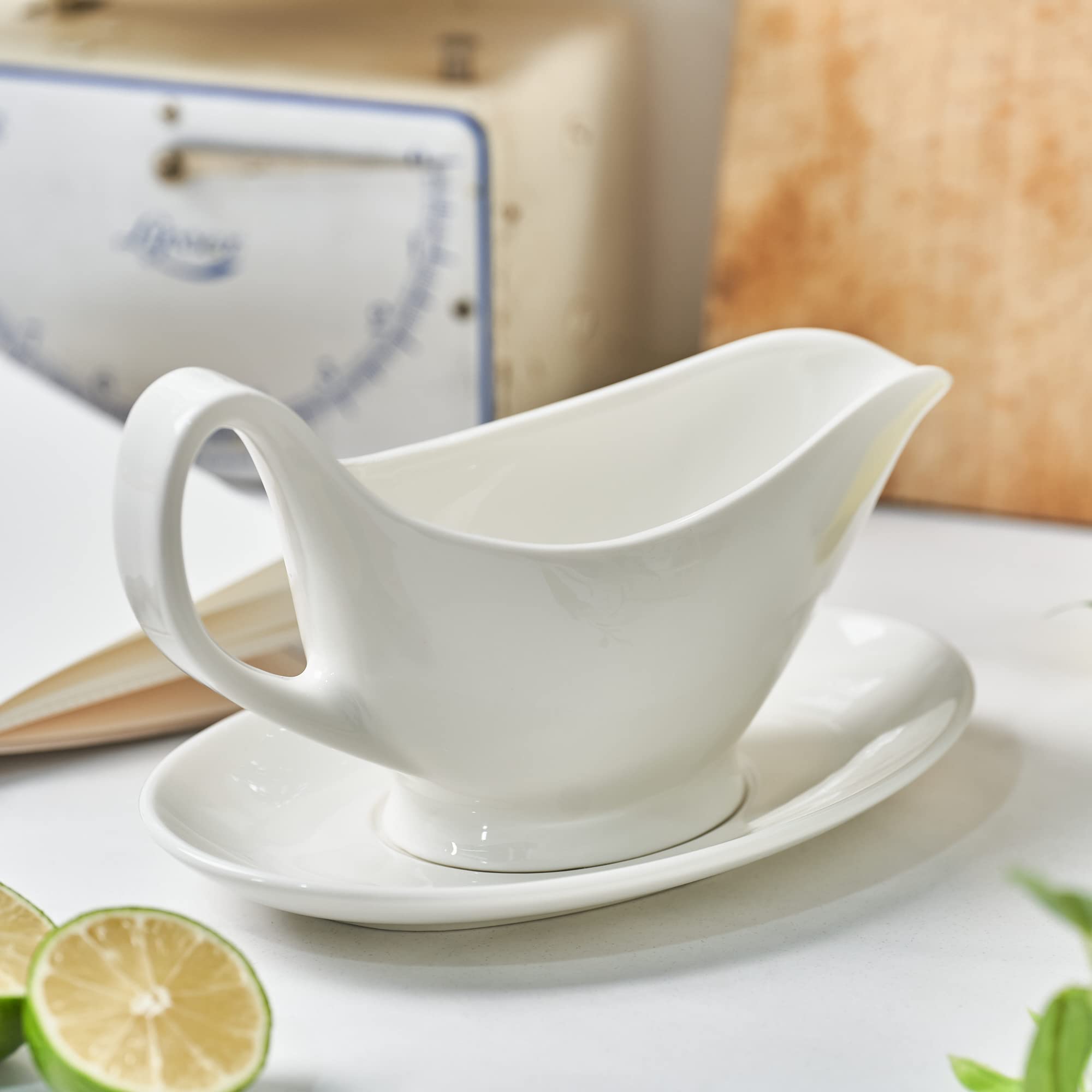 Dinnerlit Gravy Boat with Saucer - 16oz Fine Porcelain Sauce & Salad Dressing Boat (White)