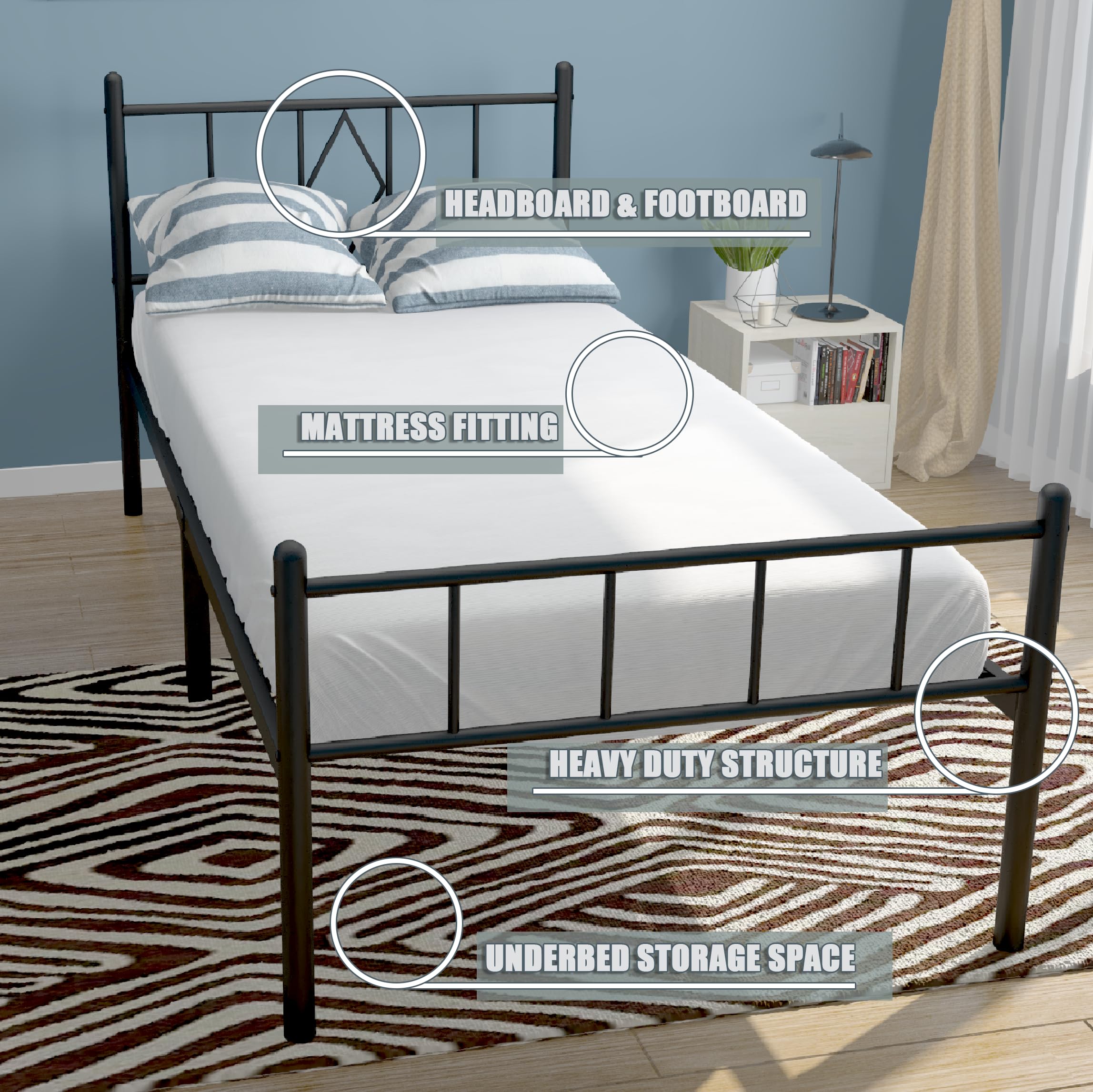 Emiosmt 14 Inch Bed Frame Twin Size with Headboard and Footboard, Heavy Duty Metal Platform Twin Bed Frame, Under bed Storage Space, Steel Slat Support, No Box Spring Needed, Easy Assembly, Black