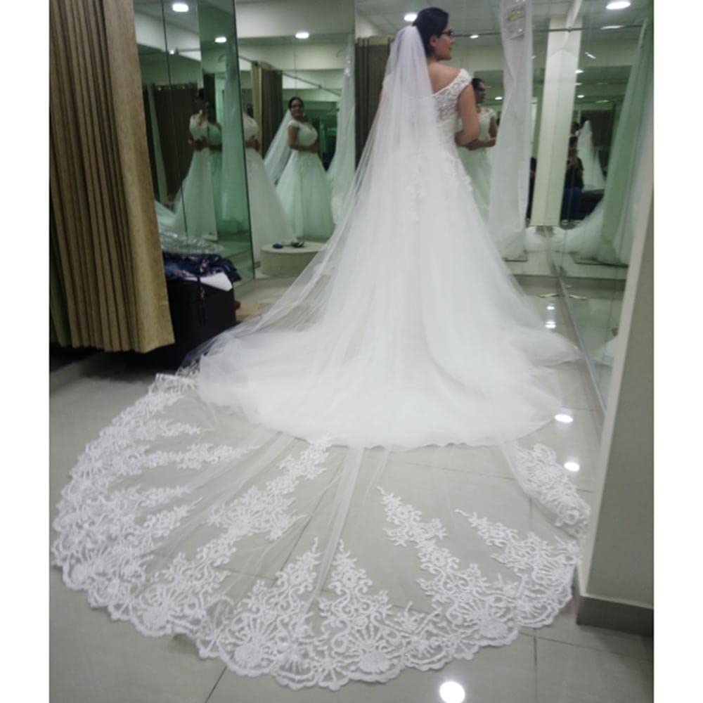 DAPERCI Wedding Accessory Long 4M Bridal Veils with Comb Lace One Tier White Ivory Wedding Veil Welon Bride Veil (Color : White)