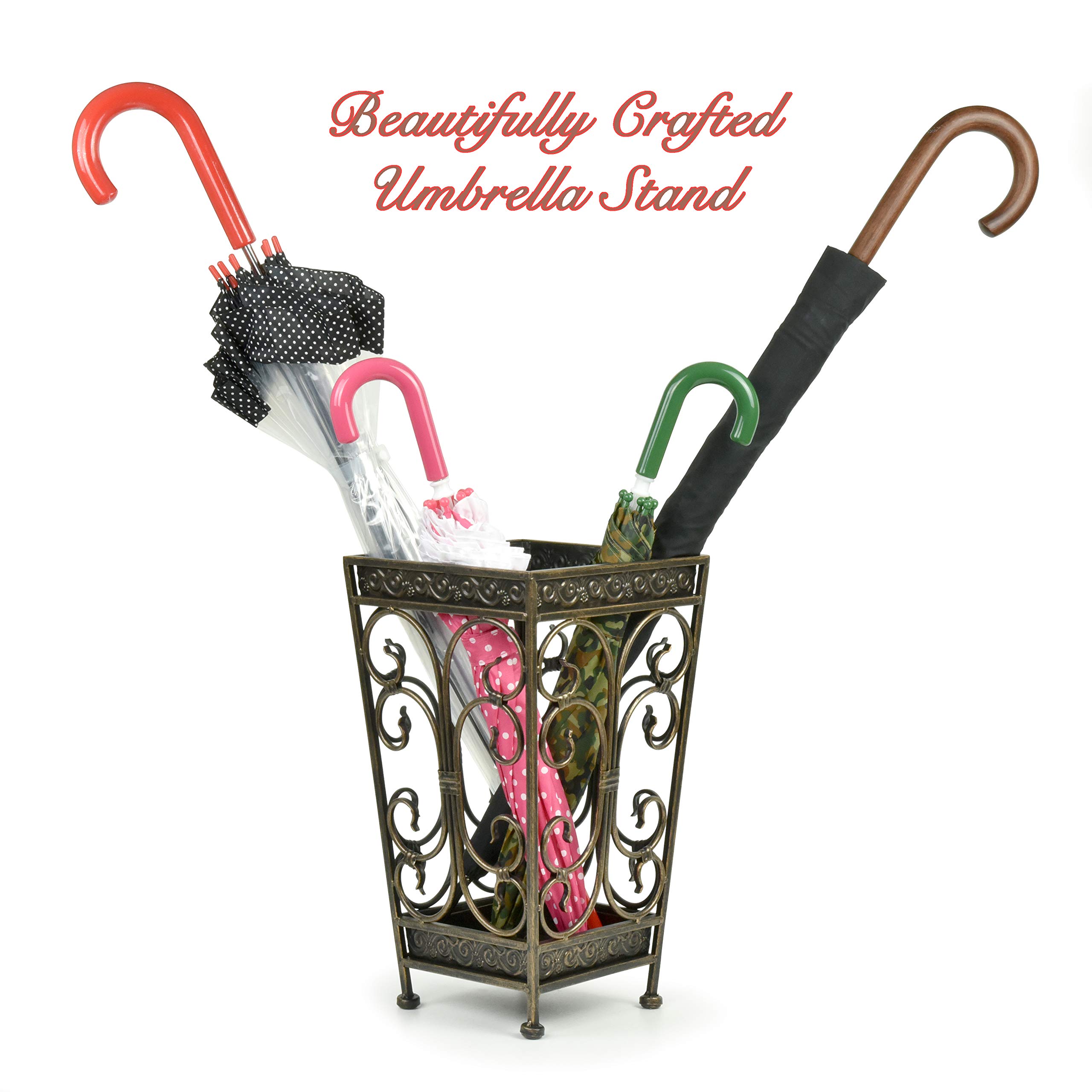 Dualplex Umbrella Holder for Entryway, Umbrella Stand Metal Antique Look, Indoor Entry Hallway Décor, Round Style with Removable Drip Tray. Home Office Rack Holds Umbrellas Canes Walking Sticks
