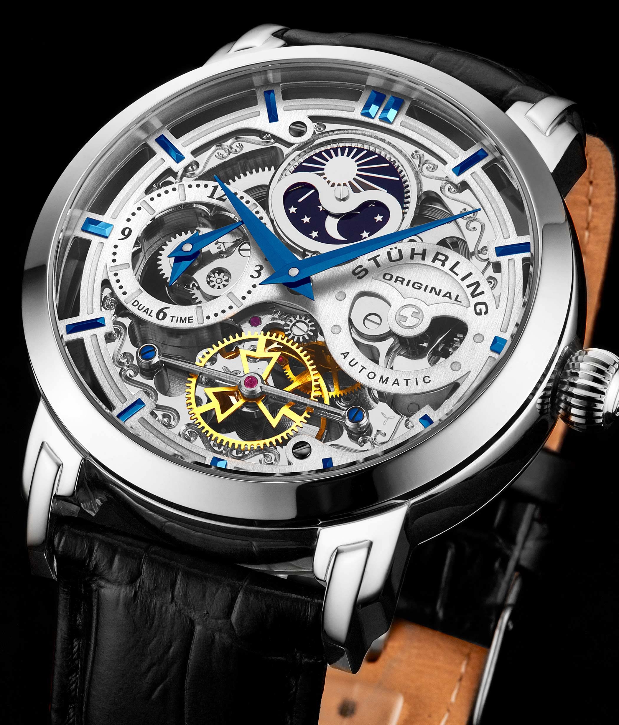 Stuhrling Original Legacy Men's Automatic Watch Stainless Steel 46 MM Case Genuine Leather Strap Watch Black (Silver)