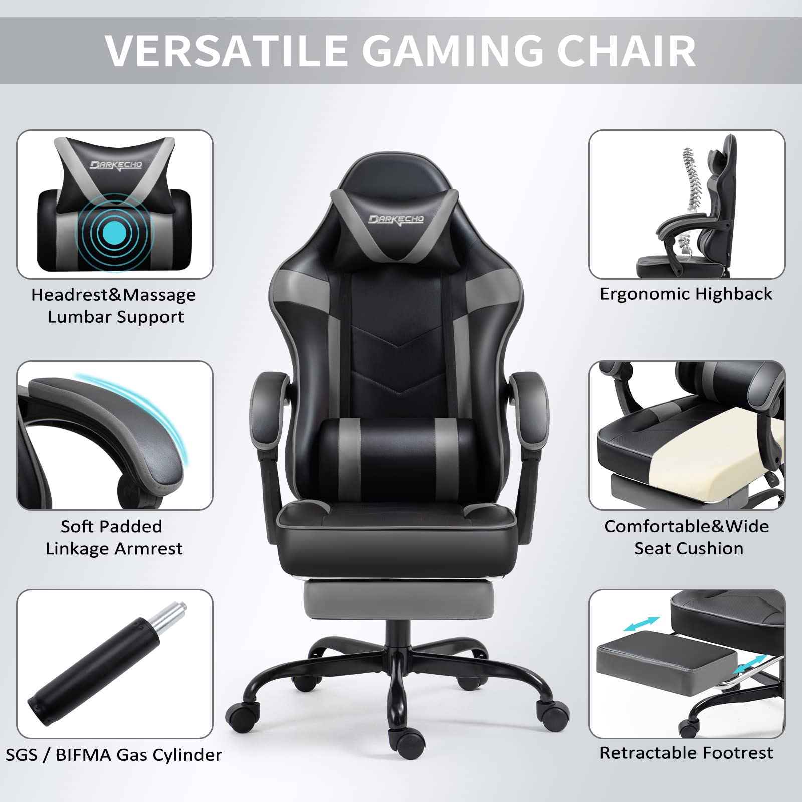 Darkecho Massage Gaming Chair with footrest,Computer Chair with Flat Seat Cushion,Height Adjustable Gamer Chair with Padded Armrests,Headrest and Lumbar Support for Office or Gaming Black/Grey
