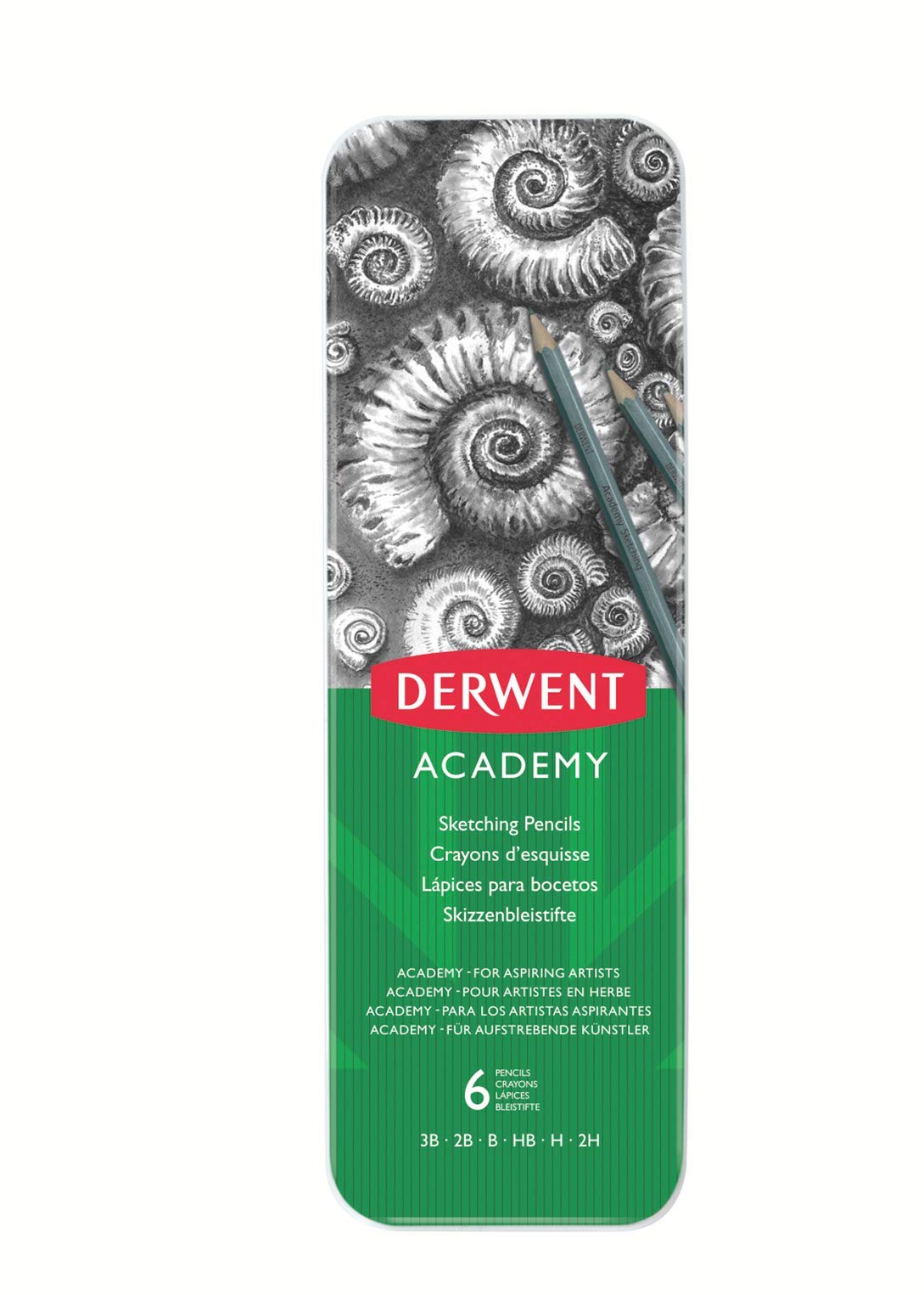 Derwent Academy Sketching Pencils, 6 Degrees of Hardness, Metal Tin, 6 Count (2301945)