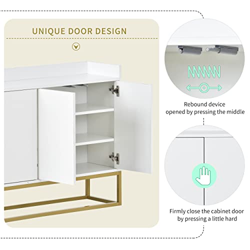 Modern Sideboard Elegant Buffet Cabinet with 4 Doors Storage Cupboard and Display Shelves,Buffet Server Console Table Floor Cabinet with Gold Metal Base for Dining Room/Entryway/Kitchen (White)
