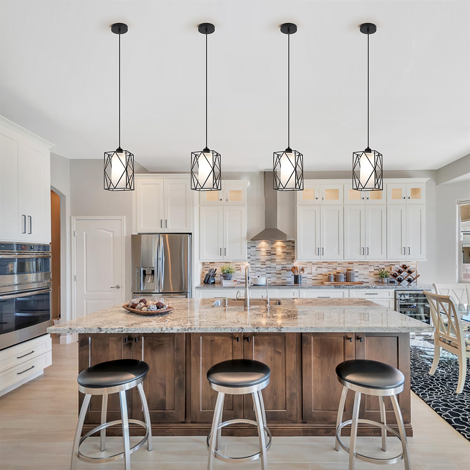 Corlaceling Modern Pendant Light Fixtures, Cage Frosted Glass Pendant Lights Kitchen Island, Pendant Lighting, 1 Pack, White Glass,1Pack