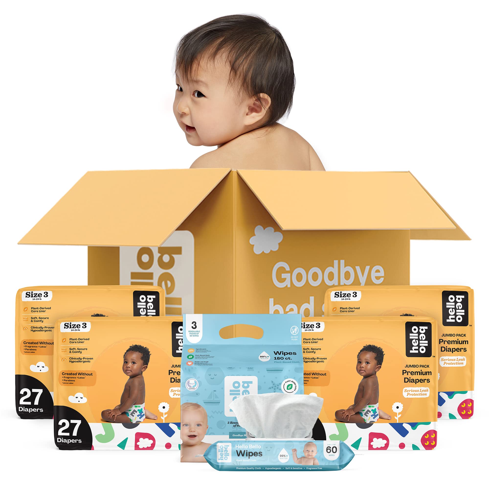 Hello Bello Diapers and Wipes Bundle for Babies | Size 3 | Gender Neutral Alphabet Soup Pattern, 108 Count (4 Packs of 27) | Wipes, Unscented, 180 Count (3 Packs of 60) | 288 Count