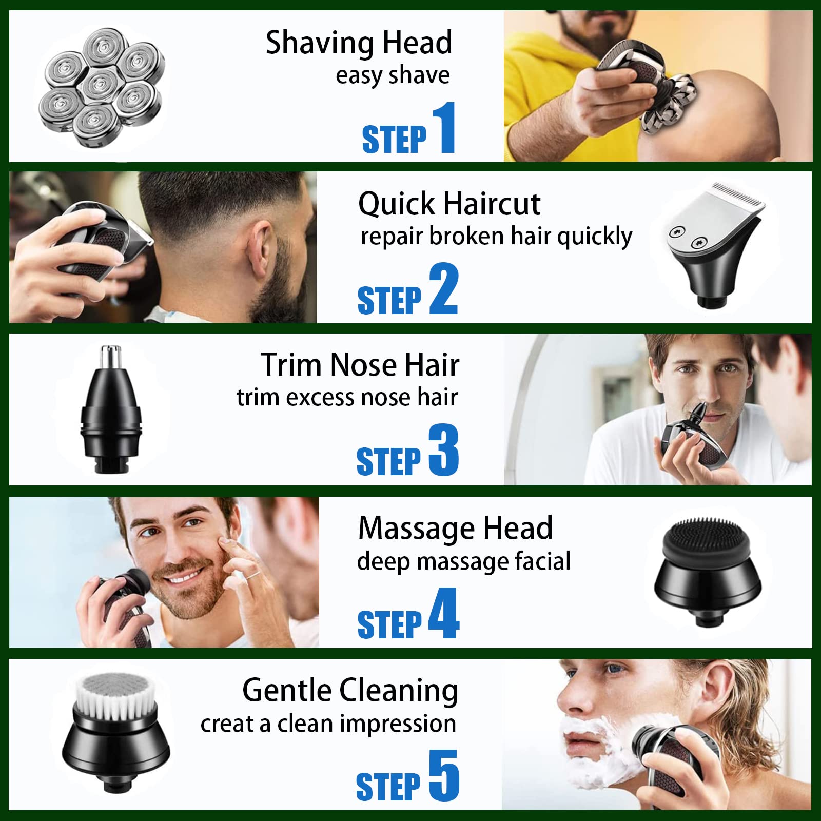Detachable Head Shavers for Bald Men, 6 in 1 Electric Razor for Bald Men, 7D with Hair Sideburns Trimmer, Waterproof Wet&Dry, Cordless Men's Grooming Kit