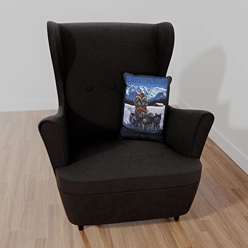 Lake Placid New York Sled Dogs Canvas Throw Pillow for Couch or Sofa at Home & Office from Travel Artwork by Artist Paul A. Lanquist 13" x 19".