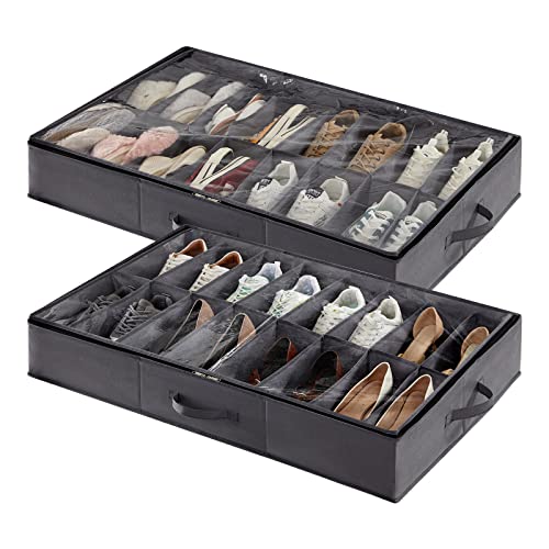 Lifewit 2 Packs Under Bed Shoe Storage Organizer, Total Fit 32 Pairs of Shoes, Foldable Shoe Rack Organizer Container with Reinforced Handle and Clear Cover for Women's and Men's Shoes