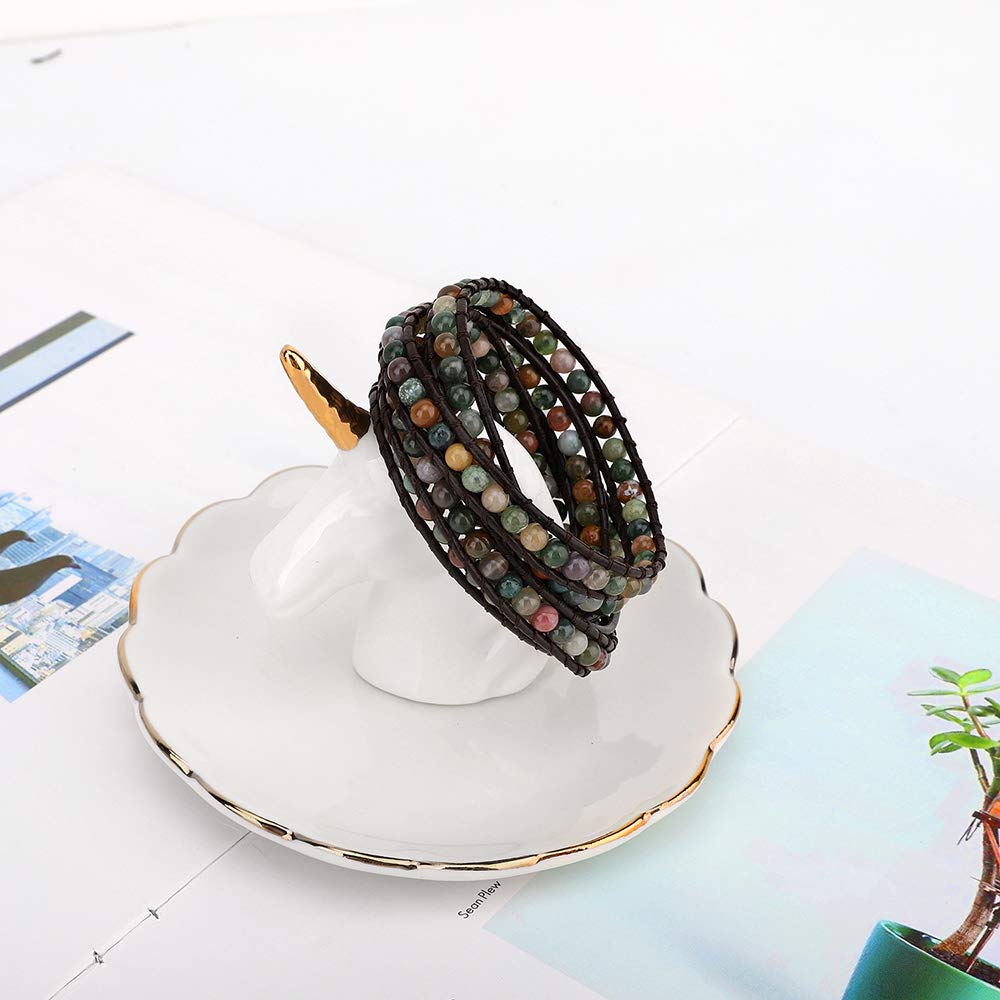 Emibele Leather Bracelet, Agate Bead Wrap Bracelet Handmade Jewelry Wrist Accessory for Women Lady Adult - Green